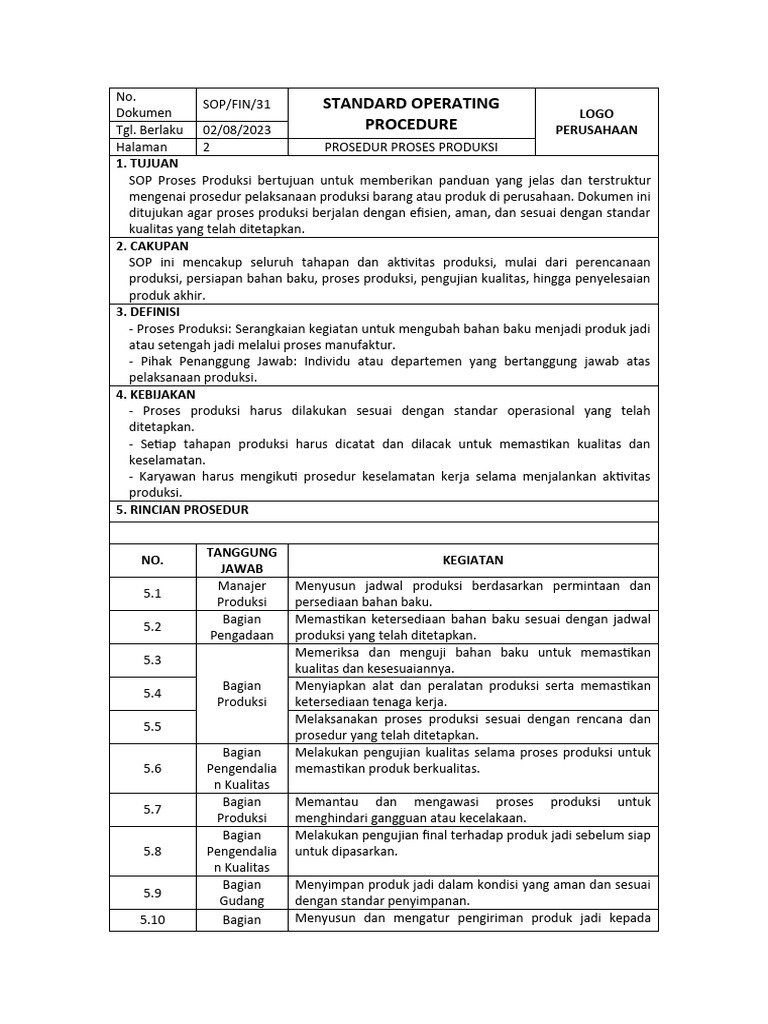 SOP Proses Produksi Barang Perusahaan | PDF | Teknologi & Rekayasa