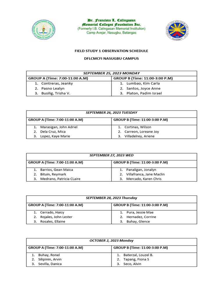FS 1 Observation Schedule | PDF | Social Science
