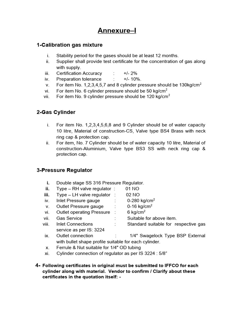 Calibration Gas Cylinder Specifications | PDF | Chemical Engineering ...