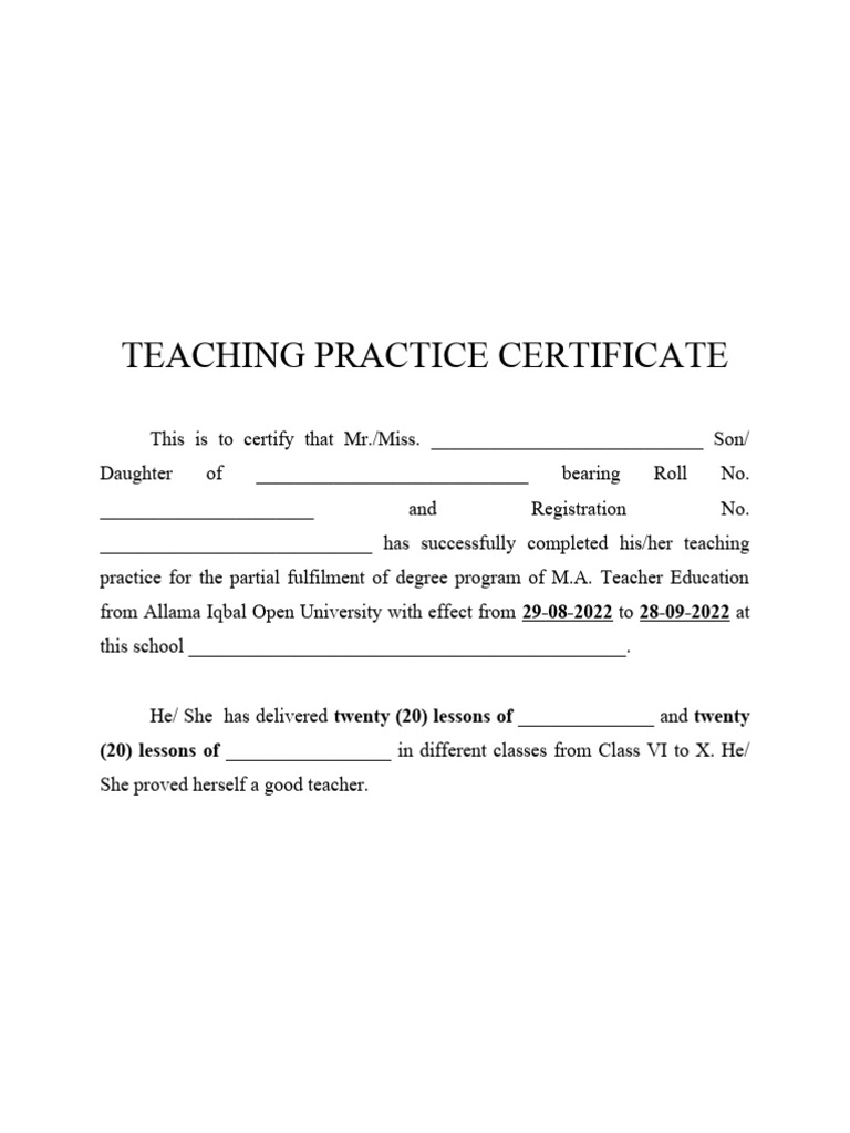 Certificate Teaching Practice 6555. | PDF
