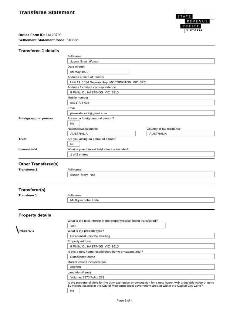 Statement-14123739 TRANSFEREE JasonBrettWatson | PDF | Value Added Tax | Power Of Attorney