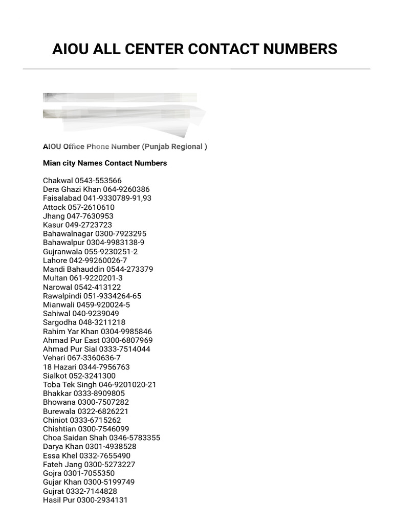 AIOU All Center Contact Number | PDF | Pakistan