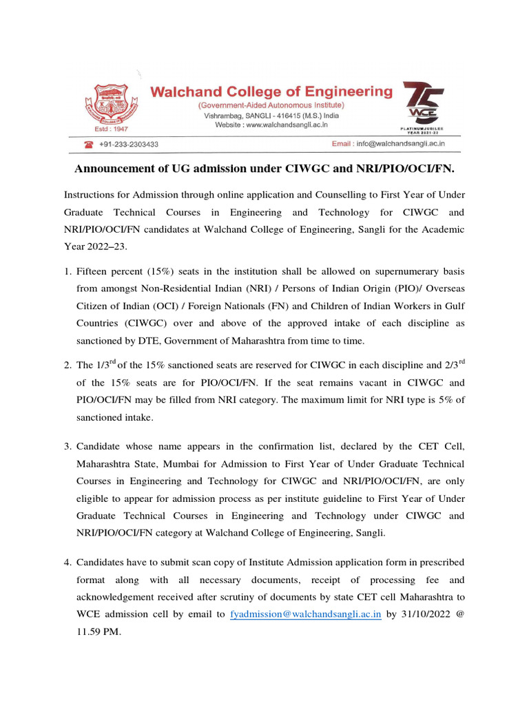 NRI Admission 2022-23 Walchand College of Engineering, Sangli | PDF