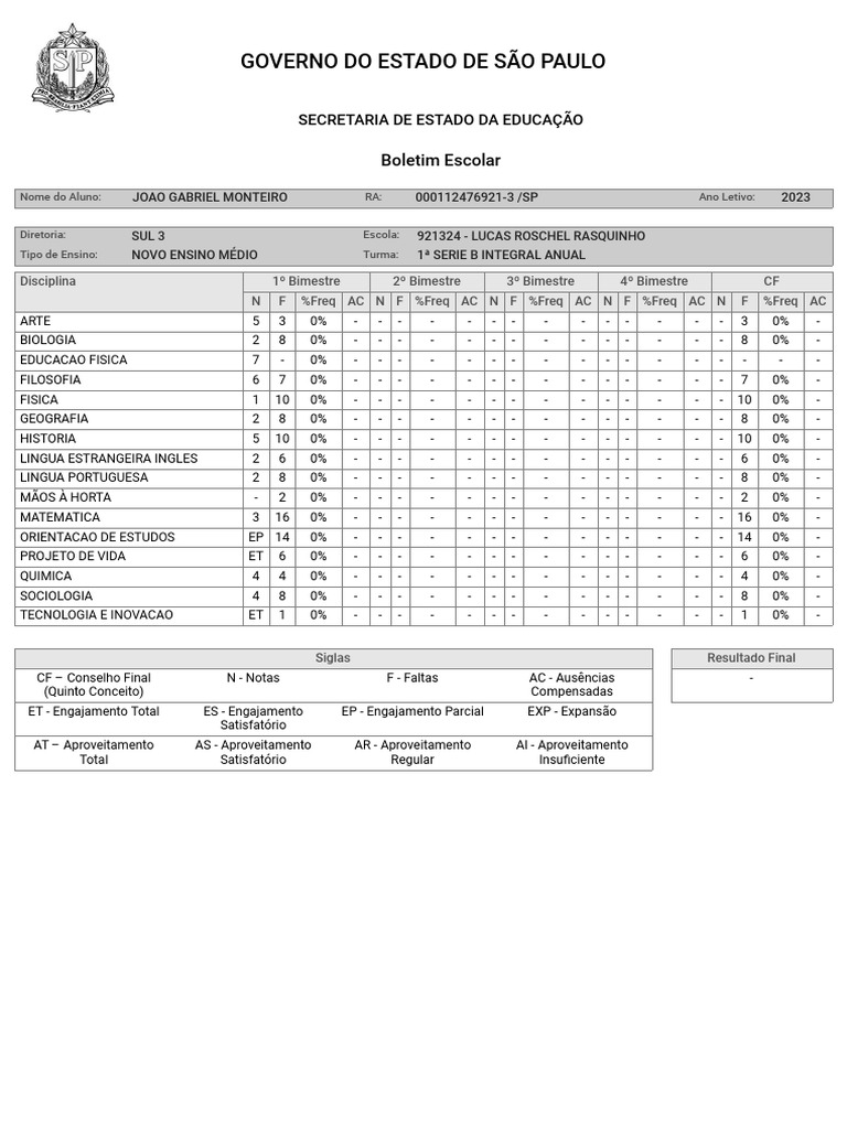 Boletim Escolar Do Aluno | PDF