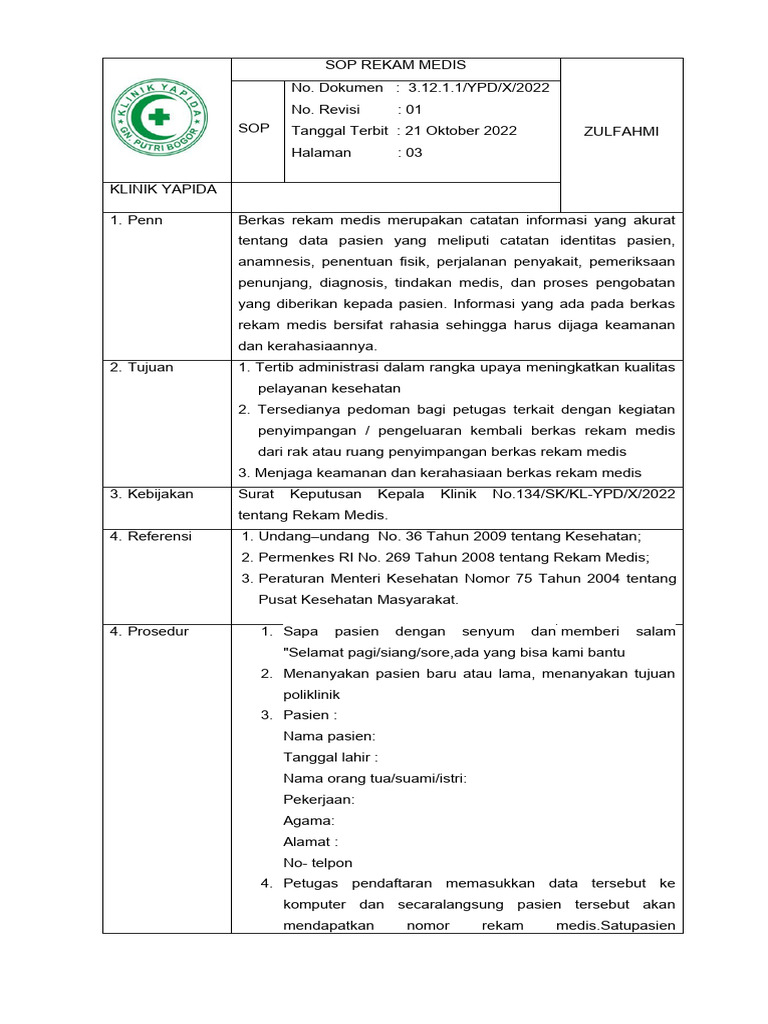 SOP Rekam Medis Klinik Yapida | PDF
