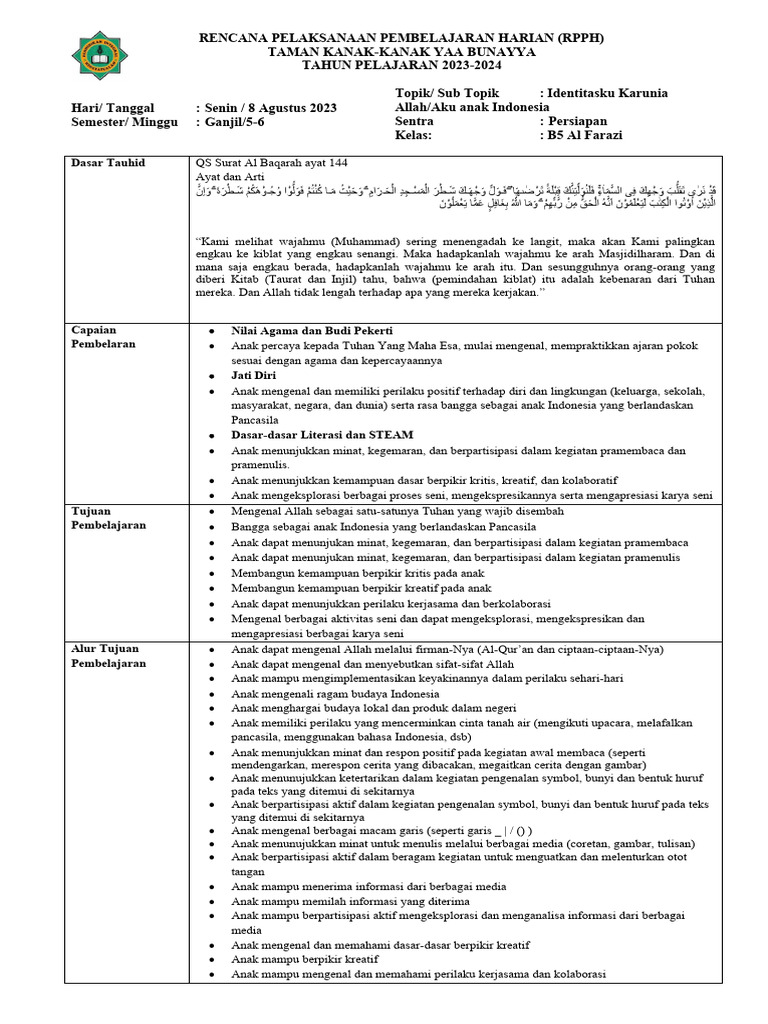 RPPH PERSIAPAN TK B5 Minggu 5 Dan 6 | PDF