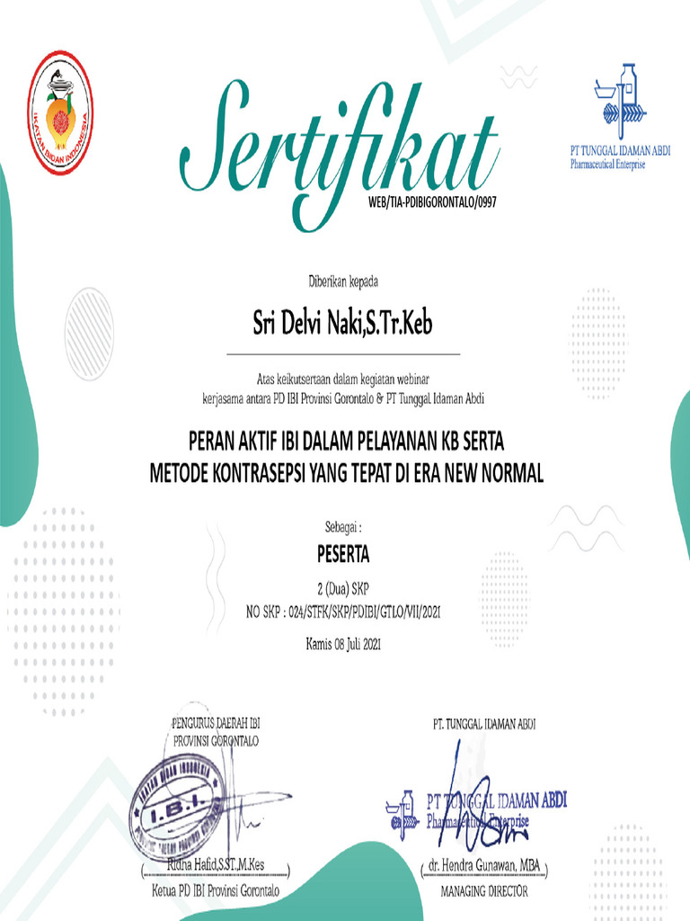 Sertifikat Webinar - PD IBI Gonrontalo 997 | PDF