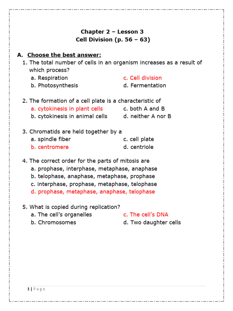 C. Cell Division: Chapter 2 - Lesson 3 Cell Division (P. 56 - 63) A ...