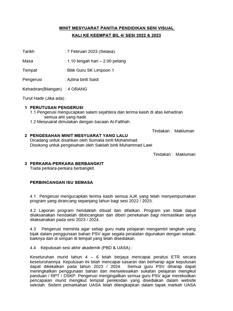 Minit Mesyuarat Panitia PSV Kali Ke 4 | PDF