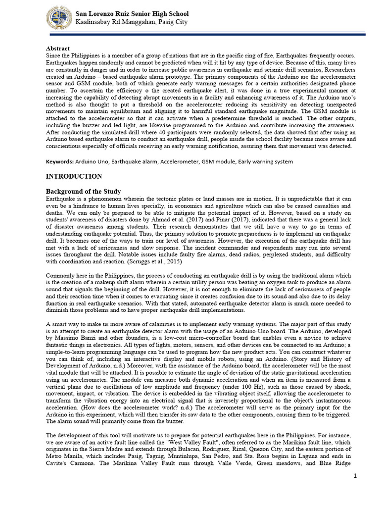 Arduino Earthquake Alarm Pdf Emergency Management Accelerometer