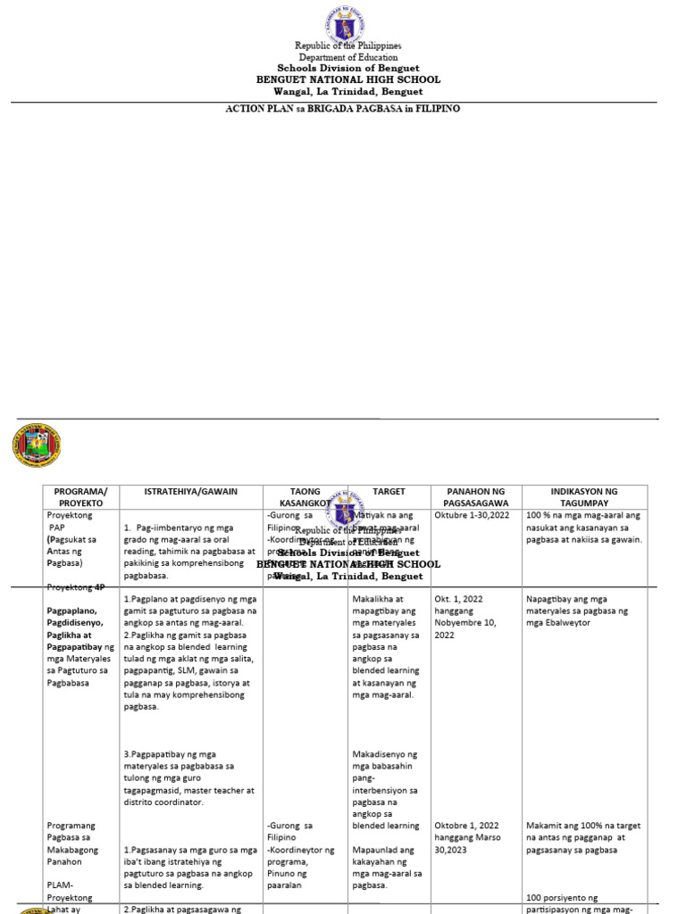 Action Plan Filipino Reading | PDF