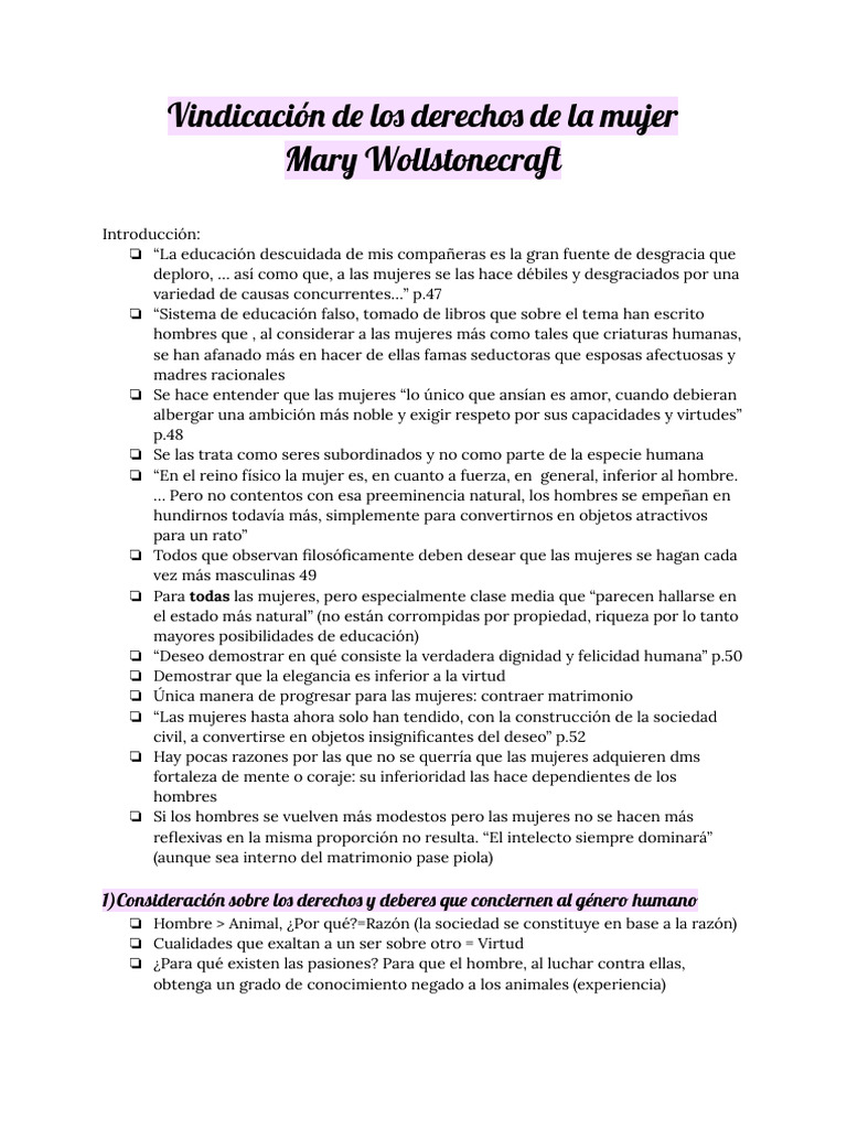 Vindicacion de Los Derechos de La Mujer | PDF