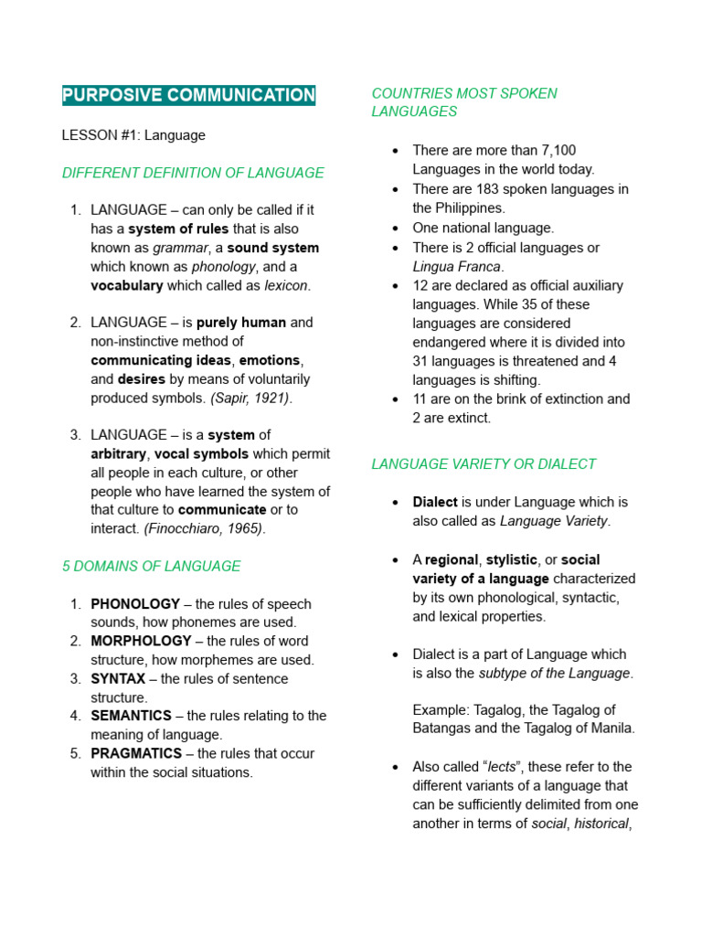 Lesson 1 Languages Purposive Communication | PDF