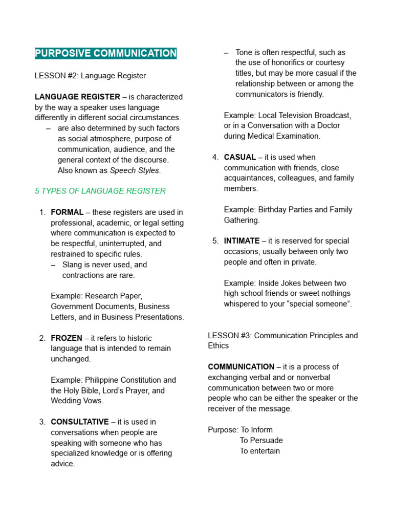 Lesson 2 3 Languages Register Communication Purposive Communication | PDF