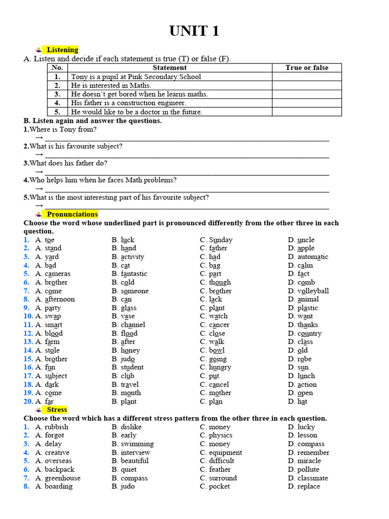 Bài tập chuyên sâu anh 6 Global có key và file nghe UNIT 1 | PDF