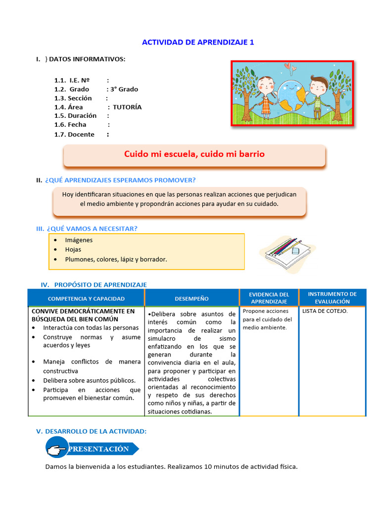 D1 A3 SESION TUT. Cuido Mi Escuela, Cuido Mi Barrio | PDF | Evaluación