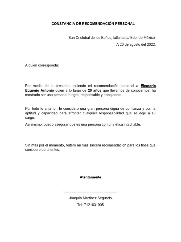 Constancia de Recomendación Personal | PDF