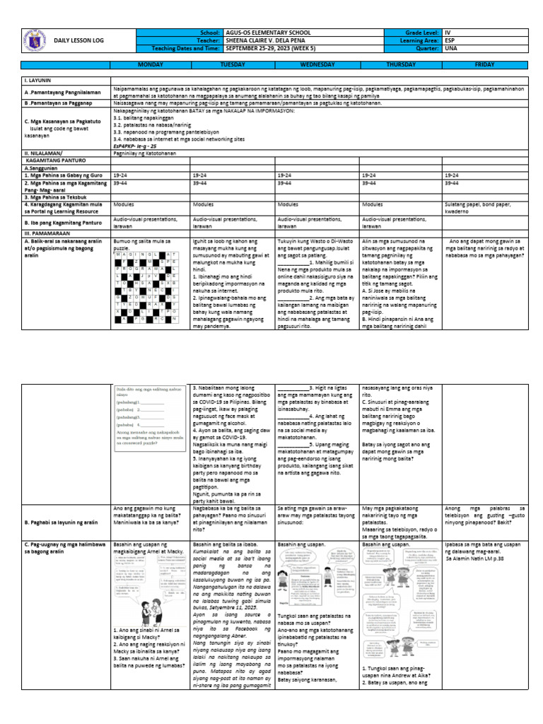 DLL - ESP 4 - Q1 - W5 - Nakapagninilay NG Katotohanan | PDF