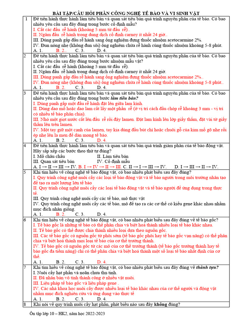 Ngân Hàng Câu Hỏi Cuối Kỳ Sinh 10 - - Cntb + Vi Sinh Vat - Chinh Thuc -75 Cau | PDF