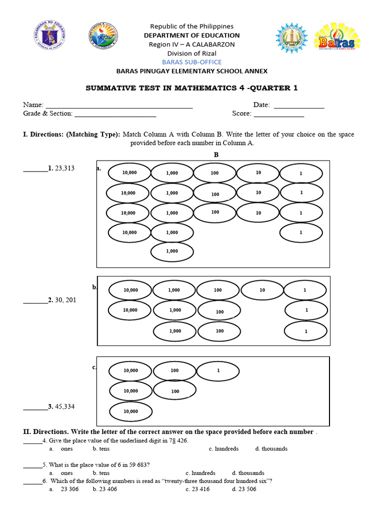 Grade 4 Math Summative Test | PDF
