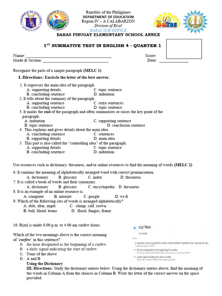 Q1-1st SUMMATIVE TEST IN ENGLISH | PDF | Paragraph | Dictionary