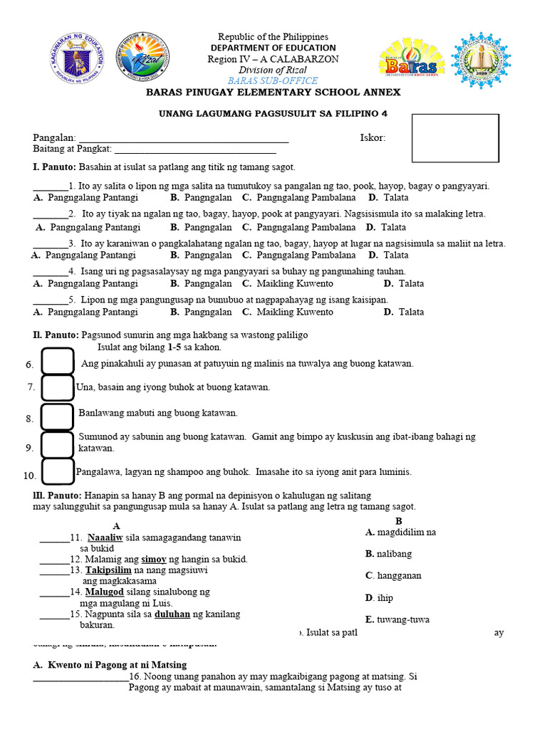 1st SUMMATIVE TEST IN FILIPINO 4-Q1 | PDF