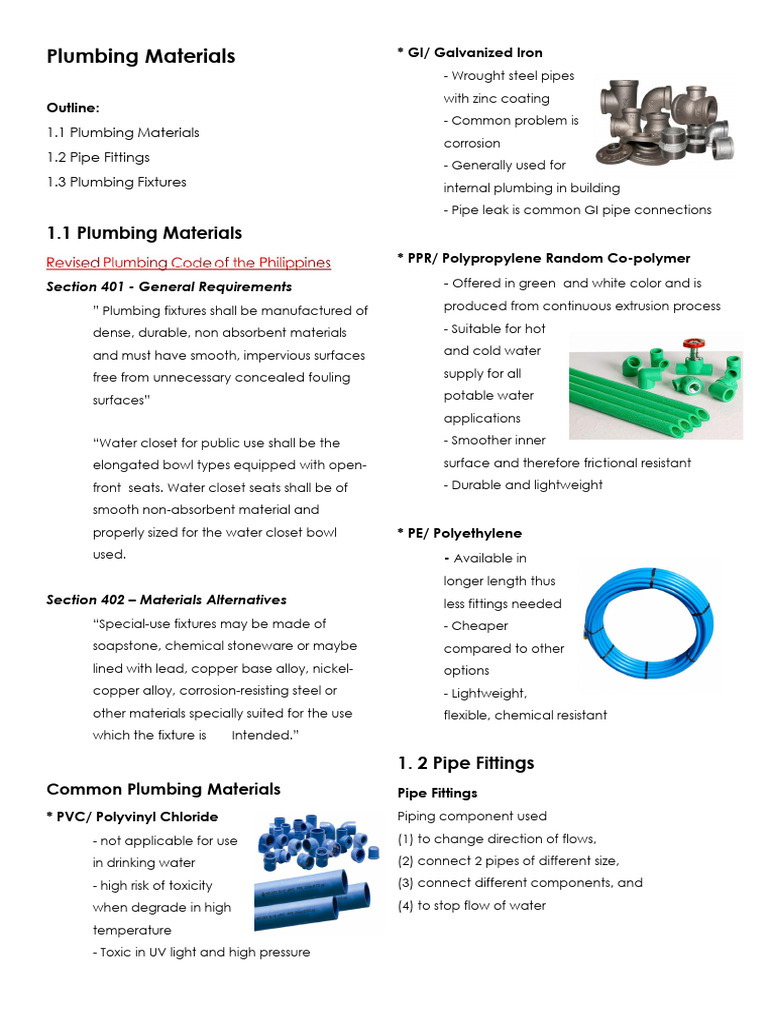 Plumbing Materials and Fittings Guide | PDF | Plumbing | Pipe (Fluid ...