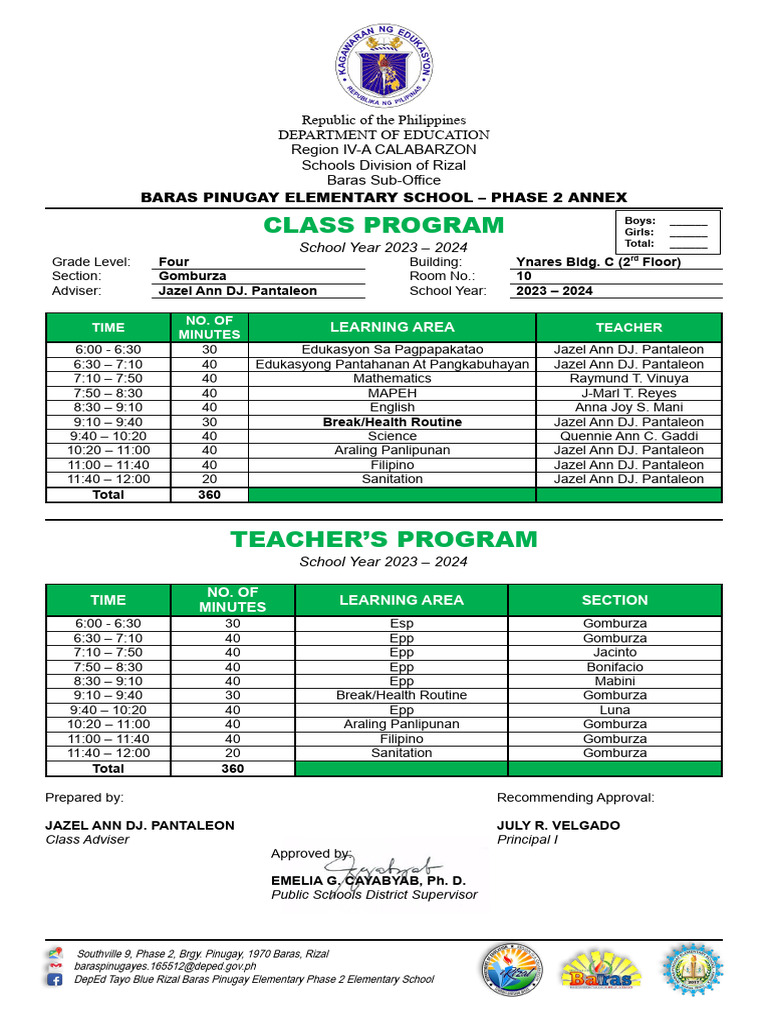 Class Program Grade 4 2023 2024 40 Minutes | PDF | Philippines