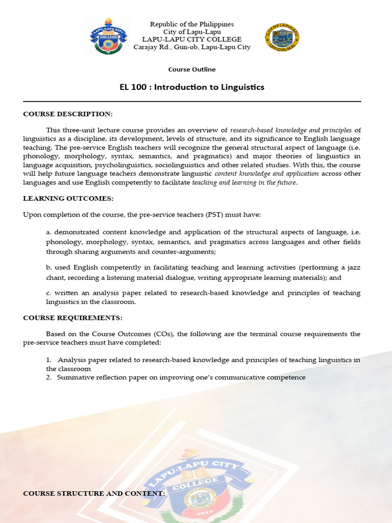 EL 100 Intro To Linguistics - Course Outline | PDF | Linguistics ...
