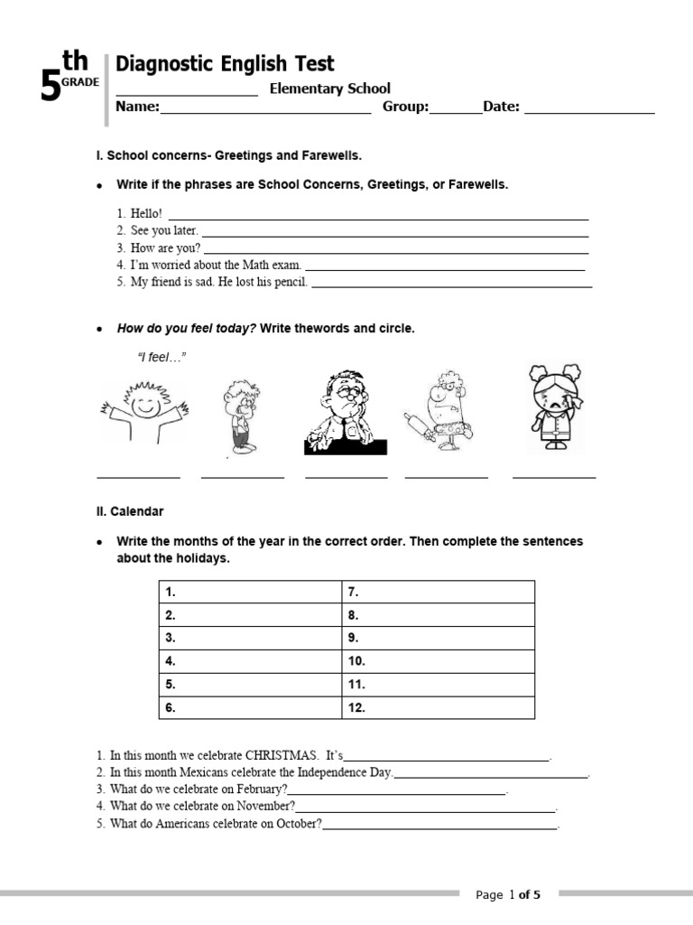 Grade 5 English Diagnostic Test | PDF | Workweek And Weekend