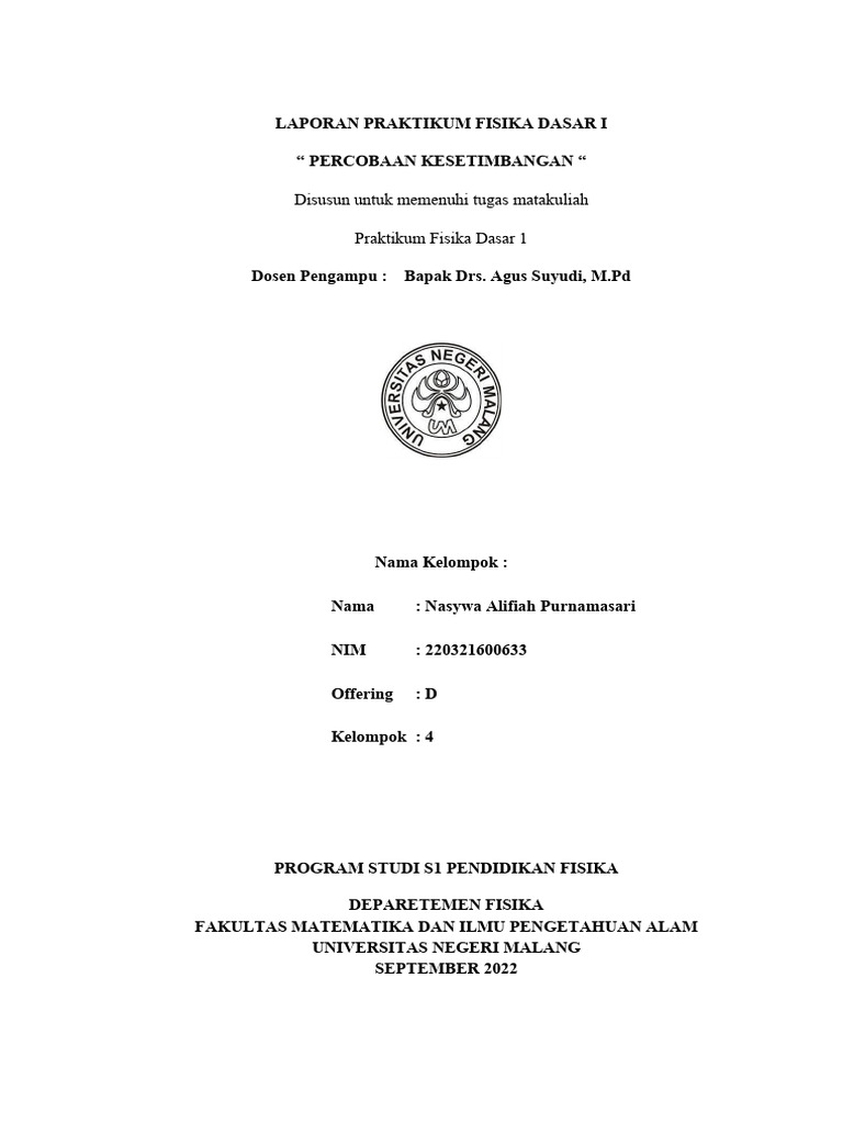 Laprak Kesetimbangan Fisika Dasar 1 Nasywa Alifiah | PDF