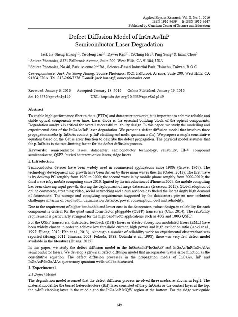 Defect Diffusion Model of InGaAs-InP Semiconductor Laser Degradation Jack Huang 2016 | PDF ...