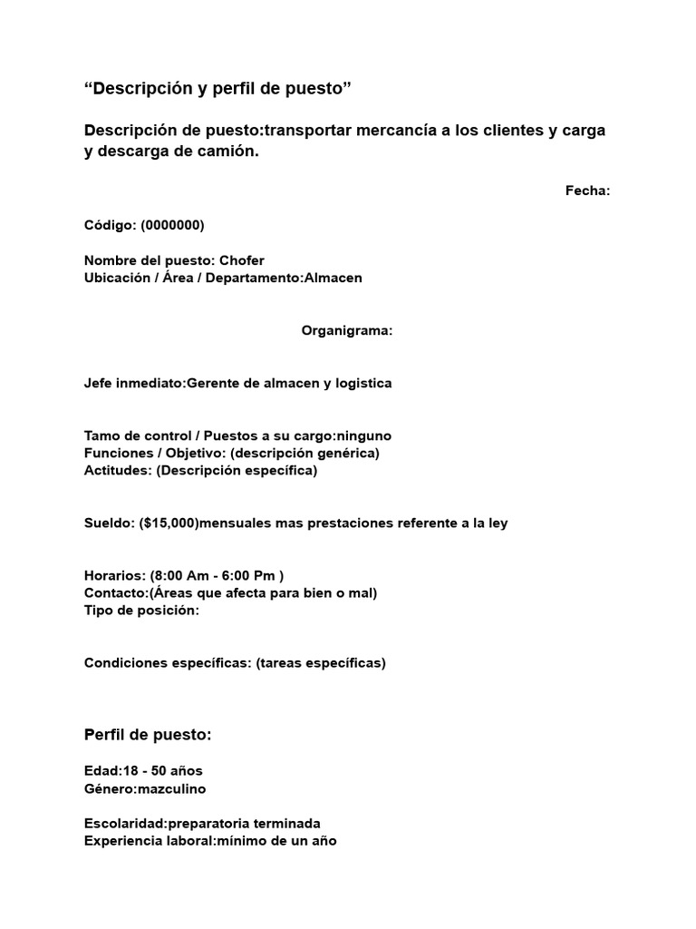 Descripcion y Perfil de Puesto | PDF