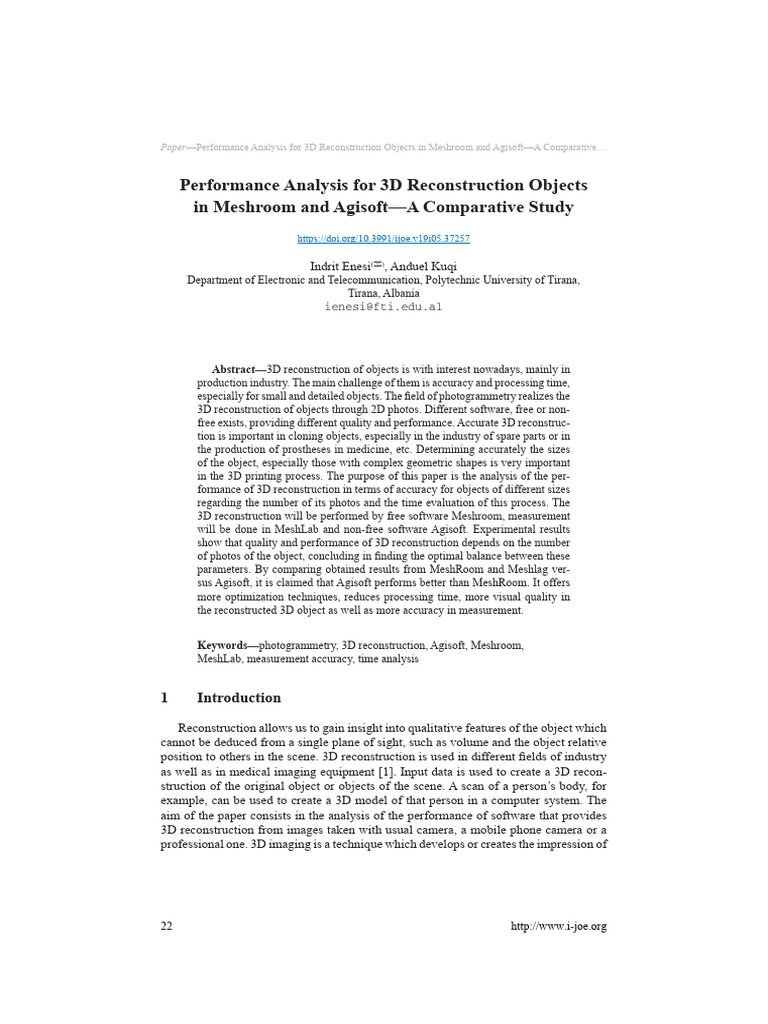 Performance Analysis For 3d Reconstruction Objects In Meshroom And