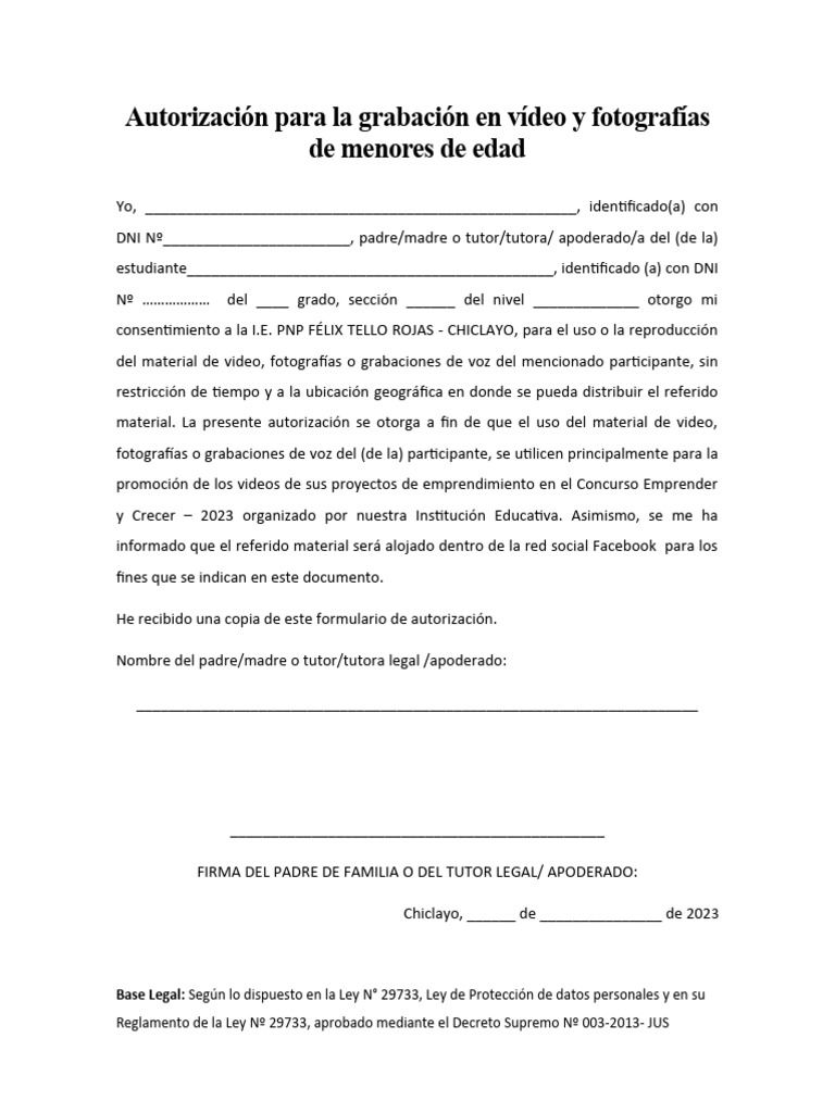 Autorización para La Grabación en Vídeo y Fotografías de Menores de ...
