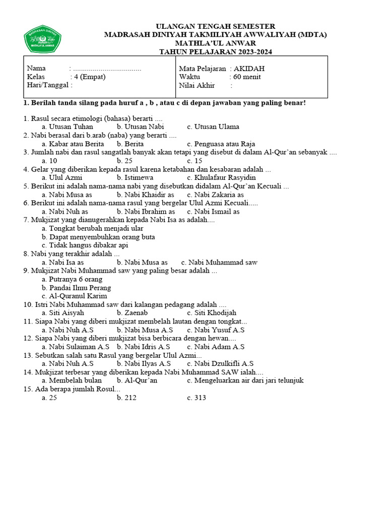 ULANGAN TENGAH SEMESTER 1 KLS 4 Terbaru-1-1 | PDF