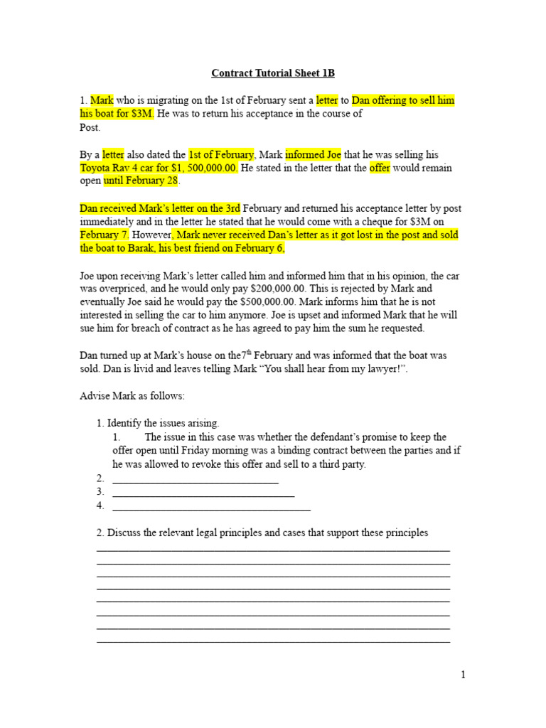 Contract Tutorial Sheet 1B Updated | PDF