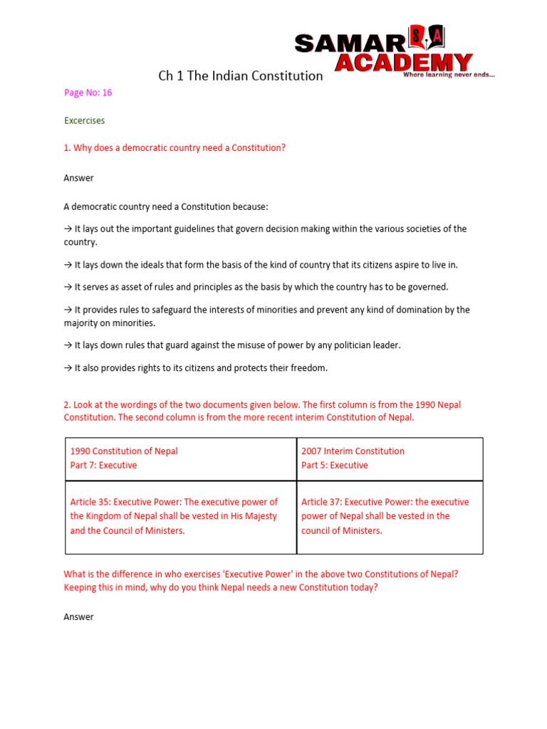 Political Sci Ch1 Q&A Class 8th | PDF | Constitution | Democracy