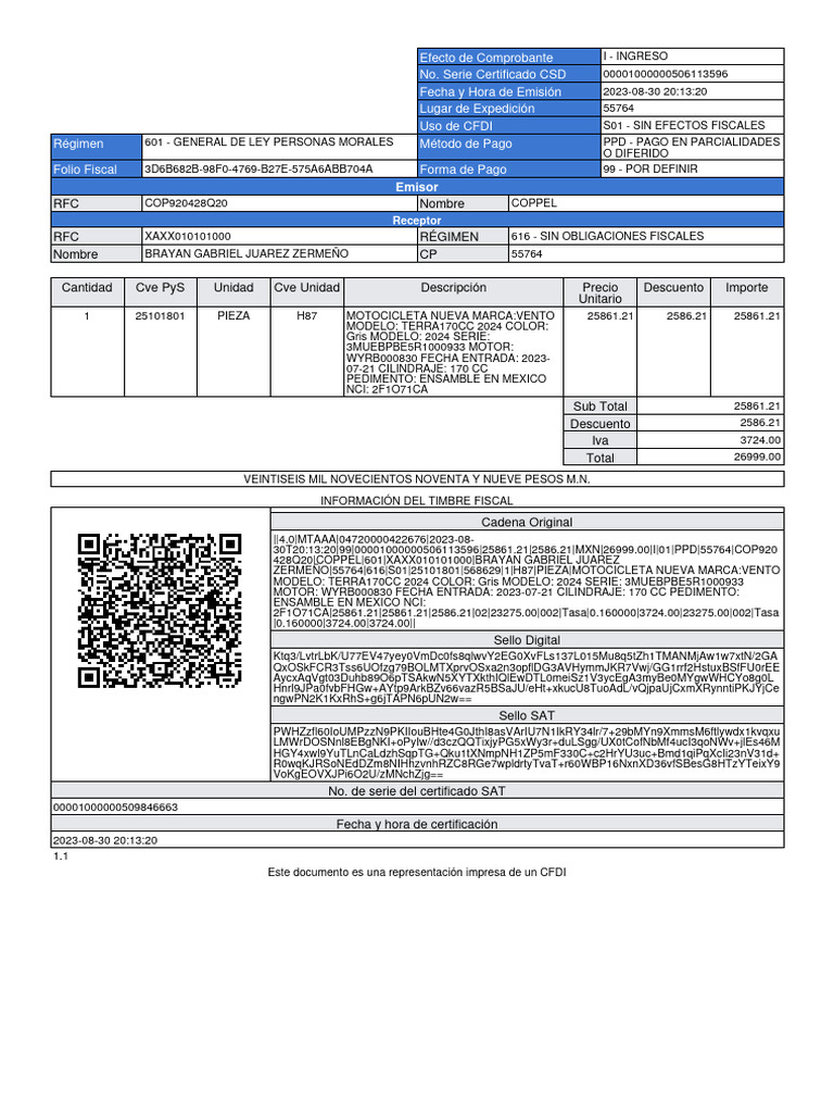 Factura de Moto Vento en Coppel | PDF
