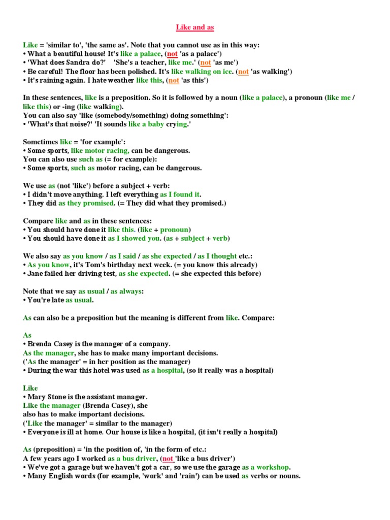 Like and As | PDF | Preposition And Postposition | Verb