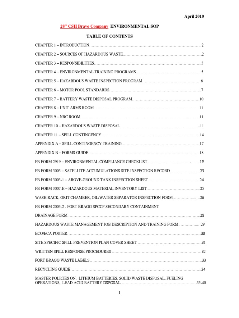 Generic Environmental SOP Apr 2010 | PDF | Oil Spill | Hazardous Waste
