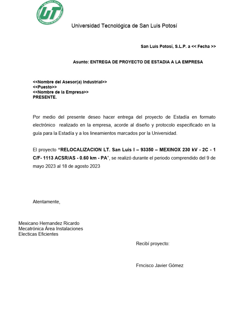 Formato-Carta de Entrega de Proyecto A La Empresa | PDF