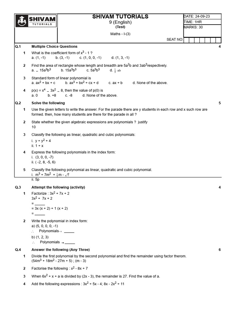 Question Paper | PDF | Factorization | Mathematics