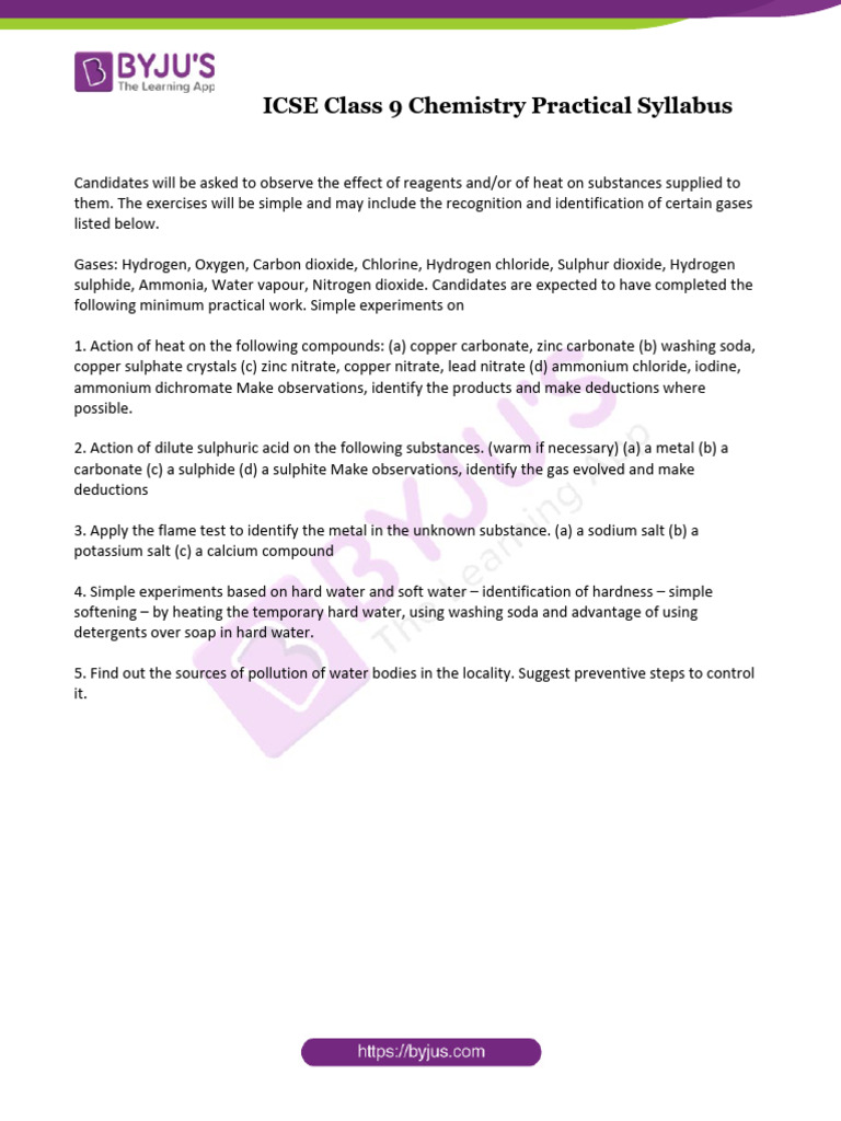 ICSE Class 9 Chemistry Practical Syllabus | PDF