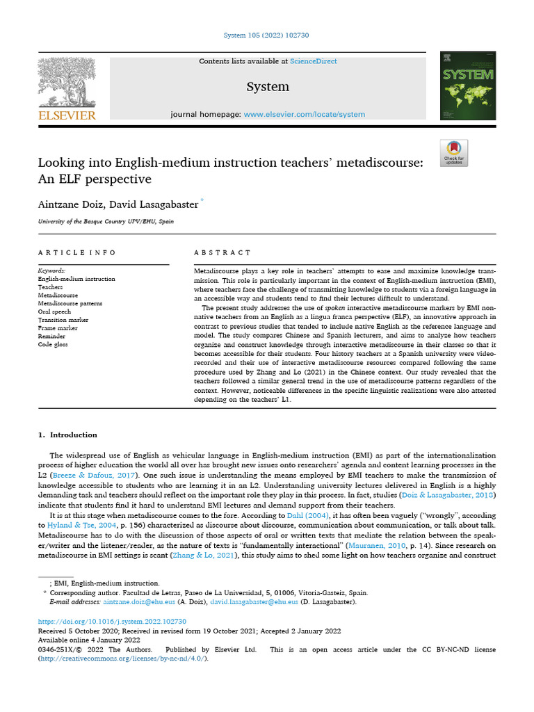 2022 Looking Into English Medium Instruction Teachers' Metadiscourse | PDF | English Language ...