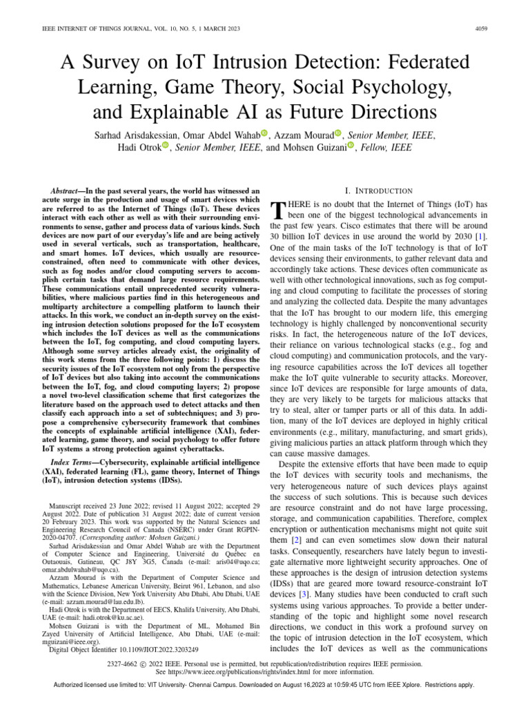 A Survey On Iot Intrusion Detection Federated Learning Game Theory