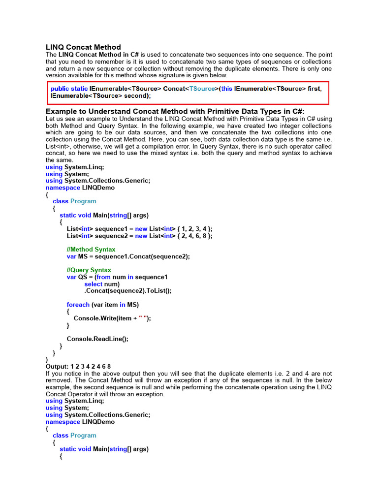 Part - 15 LINQ Concat Method | PDF | C Sharp (Programming Language) | Language Integrated Query