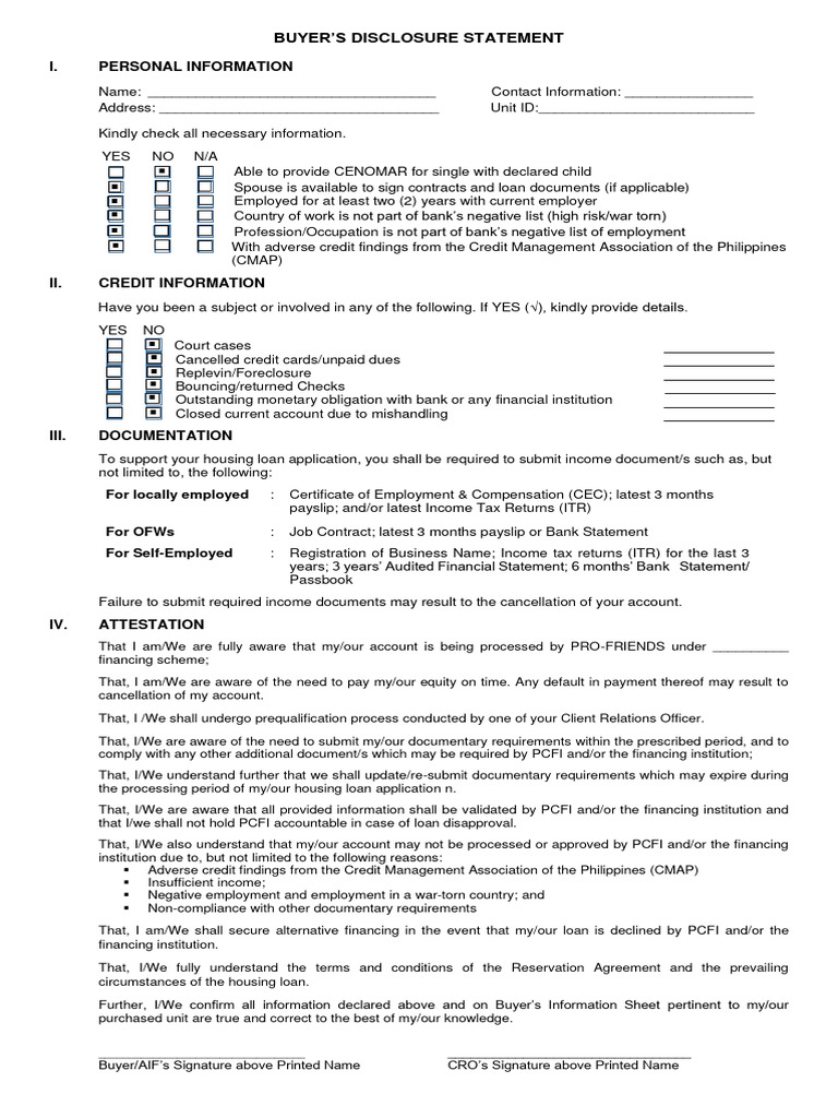 Buyers Disclosure Statement | PDF | Credit | Finance & Money Management