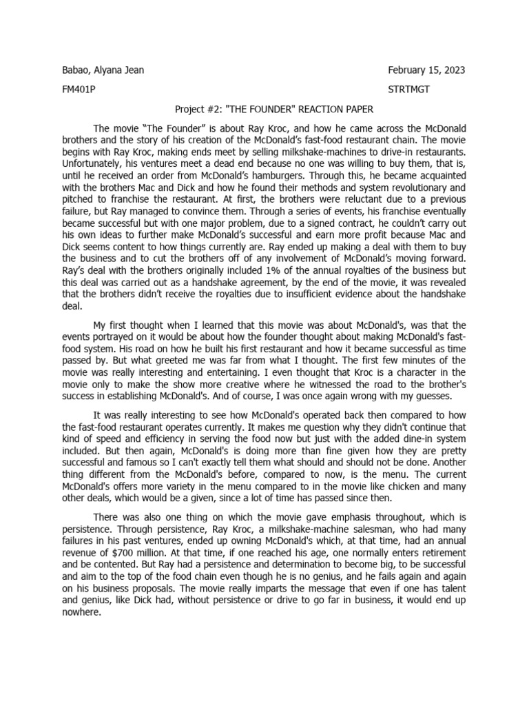 The Founder (Movie) - Reaction Paper | PDF