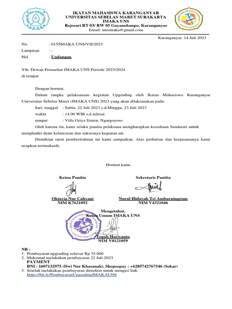 Undangan Kegiatan Upgrading IMAKA UNS | PDF